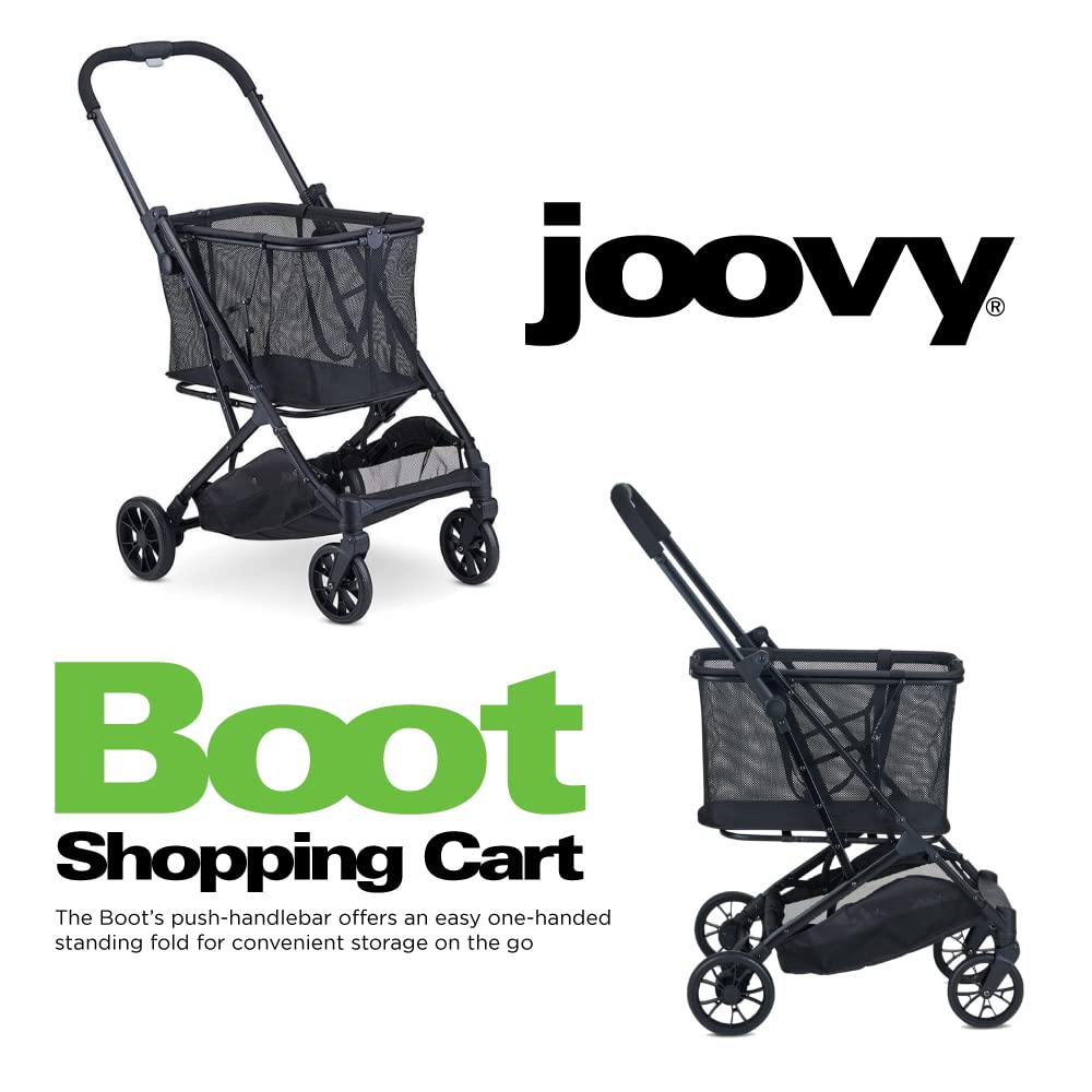 Joovy Boot Shopping Cart Featuring 70 lbs Total Weight Capacity, Stylish Removable Tote, Swivel Tires for Easy Steering, One-Handed Compact Fold, and One-Step Parking Brake (Black Frame)