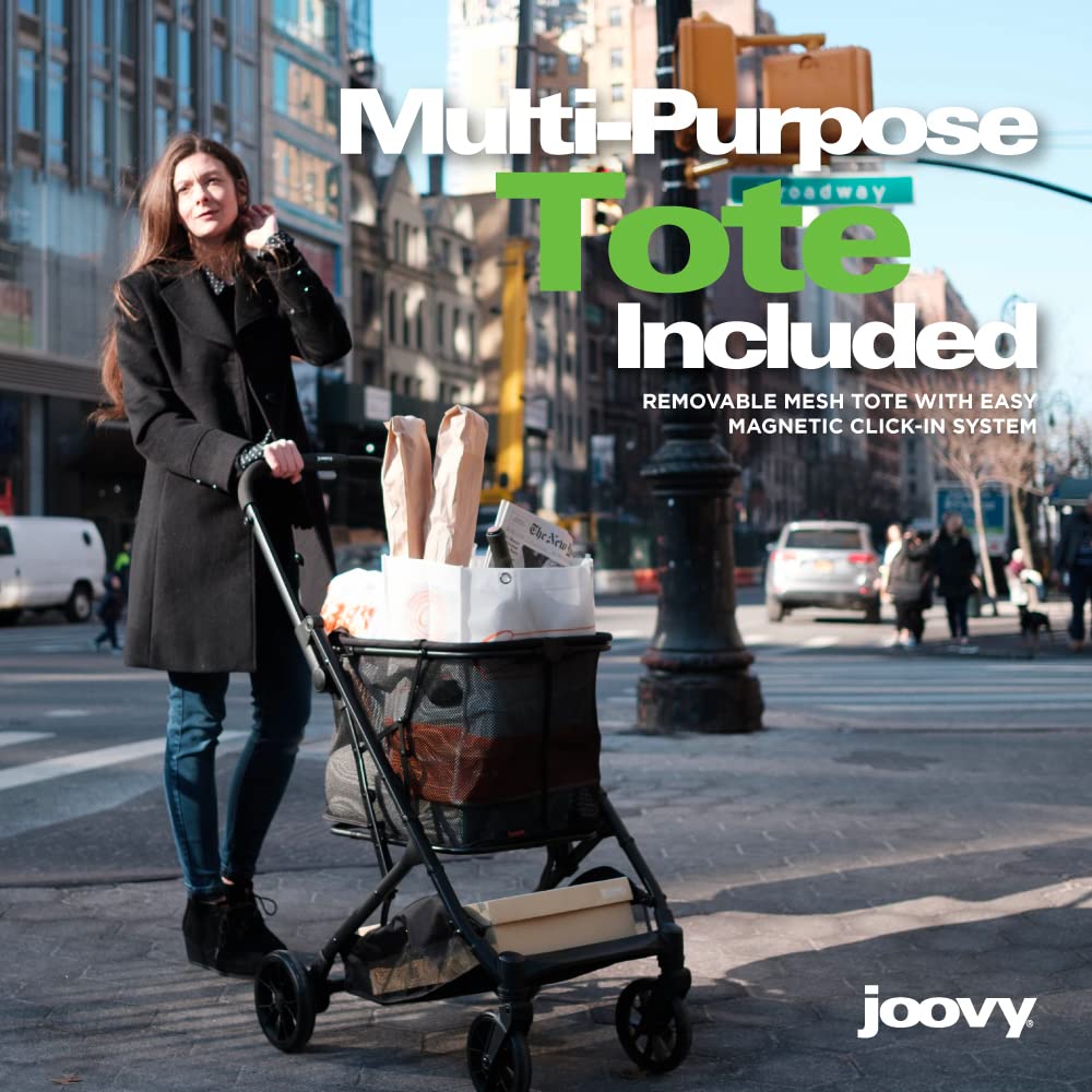 Joovy Boot Shopping Cart Featuring 70 lbs Total Weight Capacity, Stylish Removable Tote, Swivel Tires for Easy Steering, One-Handed Compact Fold, and One-Step Parking Brake (Black Frame)