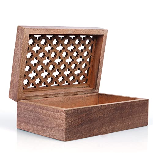 Mela Artisans Decorative Storage Box with Hinged Lid - Medium Polish, Large | 9” x 6” x 3.5” | Rustic Trellis Design | Mango Wood Crafted | Ideal for Keepsakes, Trinkets, Jewelry and Other Stash