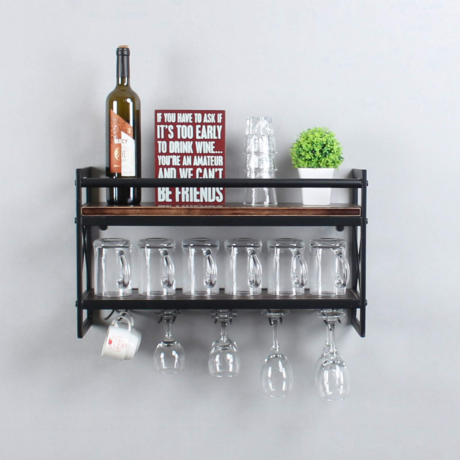 MBQQ Wine Rack Stemware Glass Rack,Industrial 2-Tier Wood Shelf,36" Wall Mounted Wine Racks with 8 Stem Glass Holder for Wine Glasses,Mugs,Home Decor,Black
