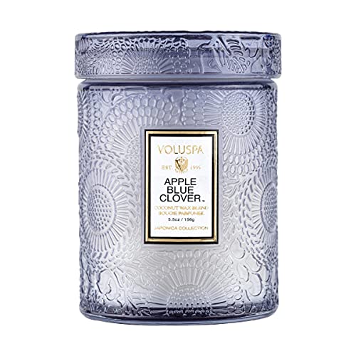 Voluspa Apple Blue Clover Candle | Small Glass Jar with Matching Glass Lid | 5.5 Oz | All Natural Wicks and Coconut Wax for Clean Burning | Vegan