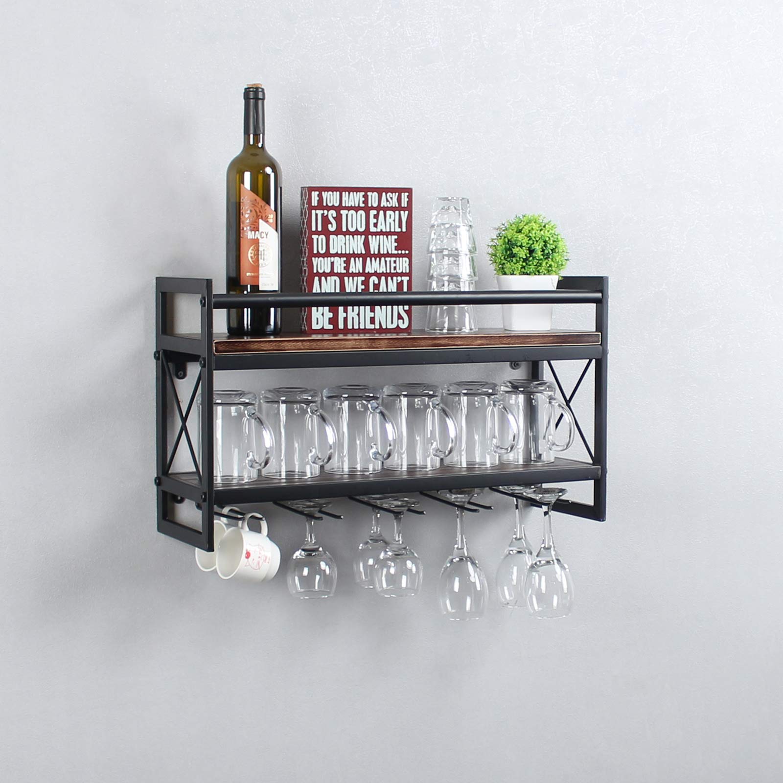 MBQQ Wine Rack Stemware Glass Rack,Industrial 2-Tier Wood Shelf,36" Wall Mounted Wine Racks with 8 Stem Glass Holder for Wine Glasses,Mugs,Home Decor,Black