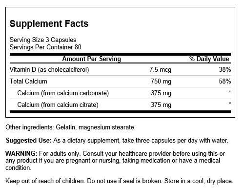 Swanson Calcium Citrate Calcium Carbonate Complex with Vitamin D Bone Muscle Nerve Health Blood Pressure Immune System Support Mineral Supplement 240 Capsules (Caps)