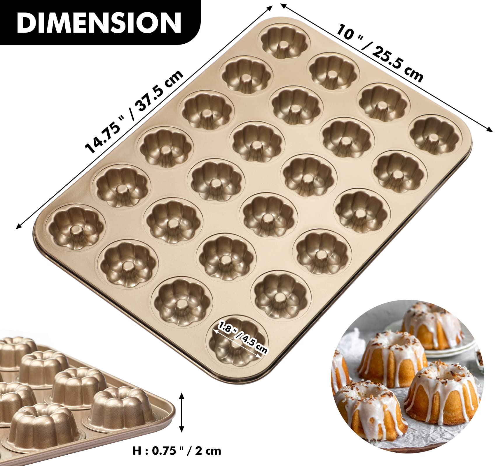 Webake Mini Fluted Tube Cake Pan, 24-Cup Non-stick Bite Size Bundtinis Petite Fluted Cake Mold Heavy Gauge Carbon Steel Baking Tray Set of 2