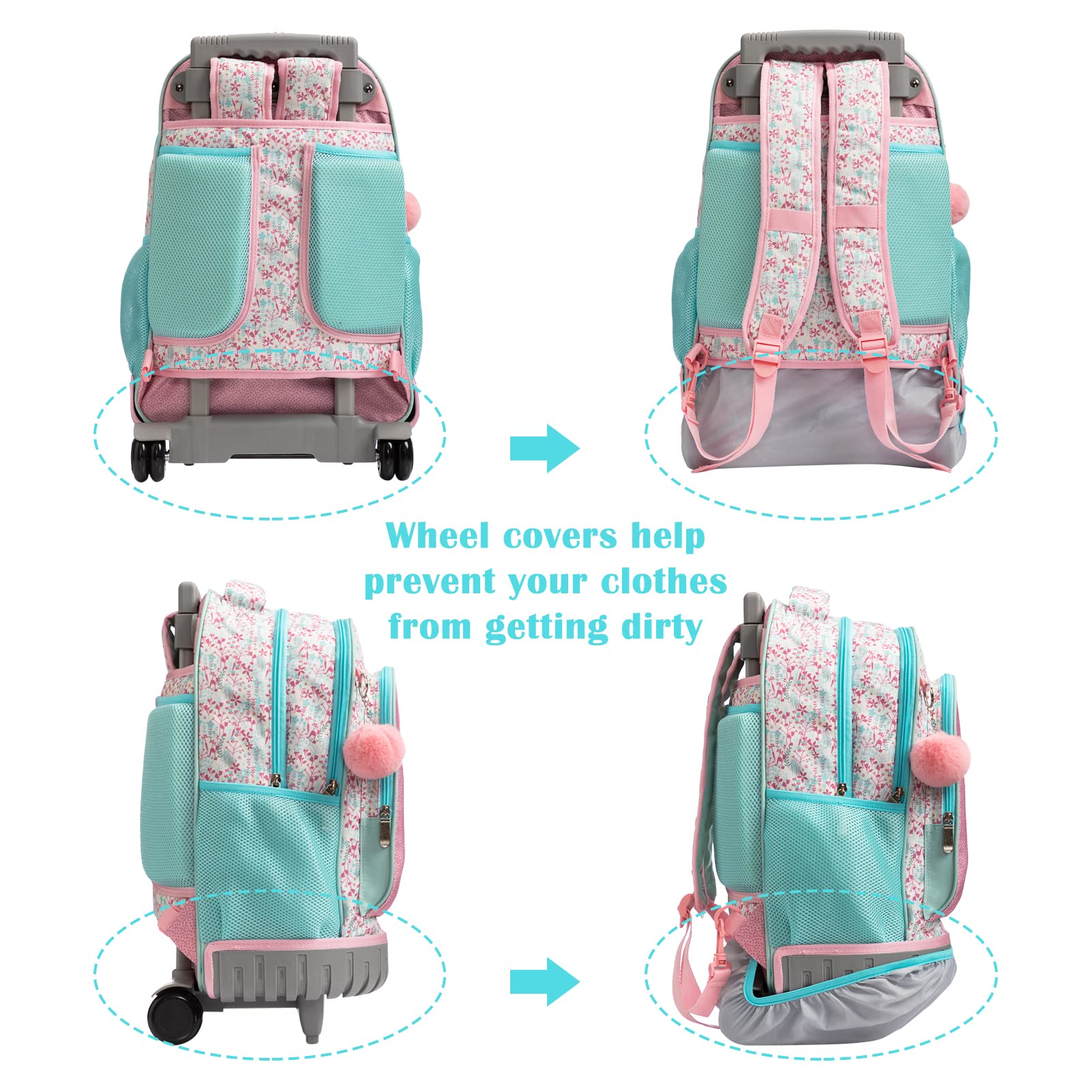 SKYMOVE 18 inch Multi-Compartment Double Handle Wheeled Student School Rolling Backpack for Girls Business Trip Carry-on, Pink Girl