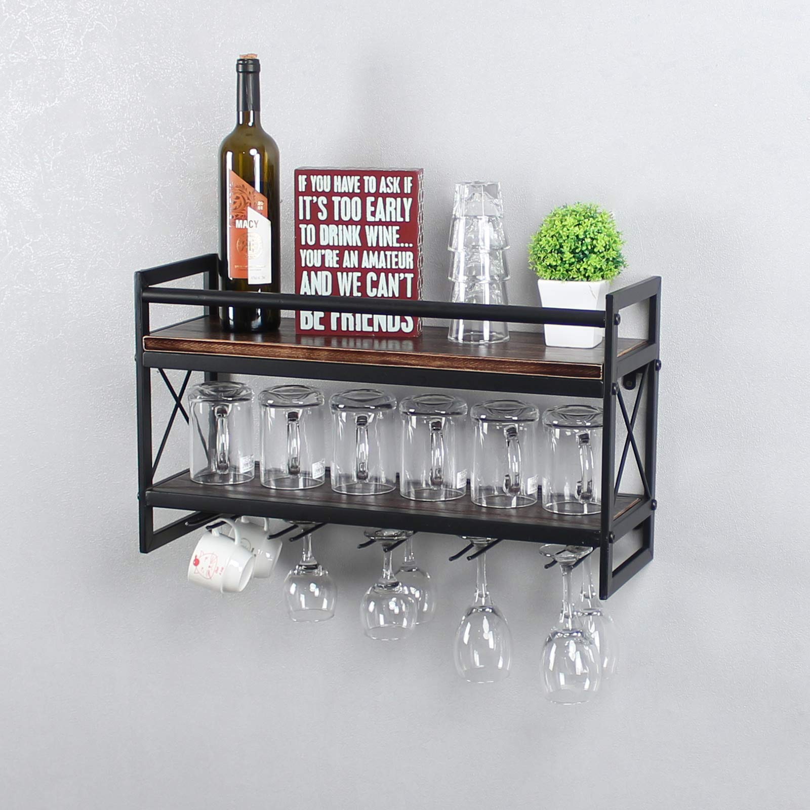 MBQQ Wine Rack Stemware Glass Rack,Industrial 2-Tier Wood Shelf,36" Wall Mounted Wine Racks with 8 Stem Glass Holder for Wine Glasses,Mugs,Home Decor,Black