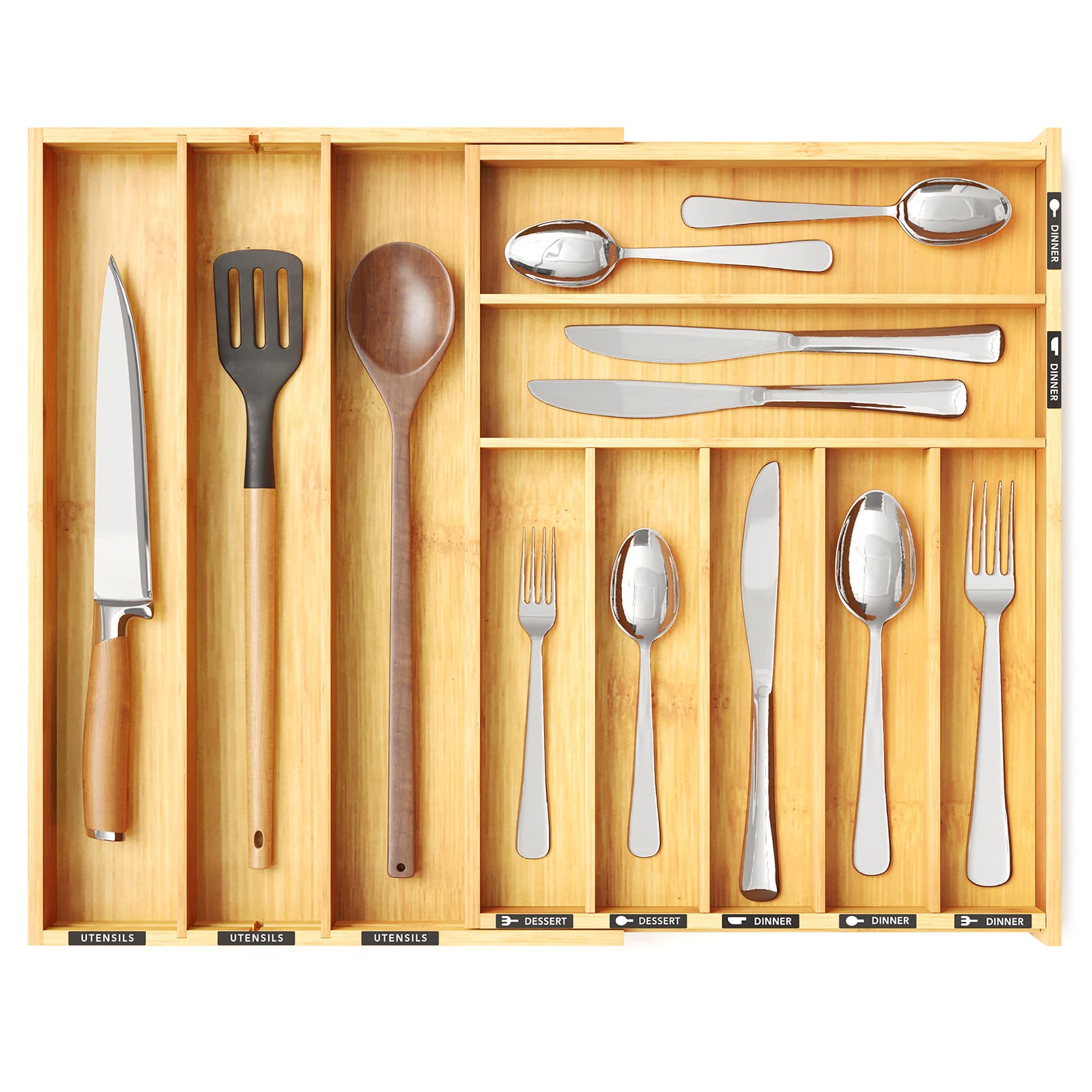 SpaceAid Bamboo Silverware Drawer Organizer with Labels, Kitchen Utensil Expandable Tray Holder Organizer for Flatware, Cutlery, Spoon and Knives Drawer Storage Organization (Natural, 10 Slots)