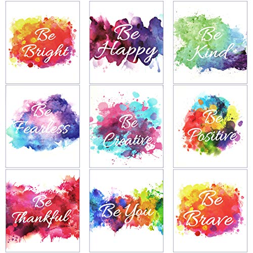 9 Pieces Inspirational Poster Art Colorful Abstract Paint Unframed Inspirational Posters for Home Office Watercolor Canvas Print Decoration