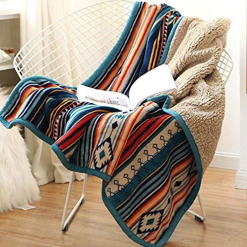 Qucover Flannel Blanket Boho Blue Stripe Reversible Sherpa Throw Blanket Large, Luxury Bohemian Plush Flannel Throws for Sofa Couch Bed, 60x80 Inch
