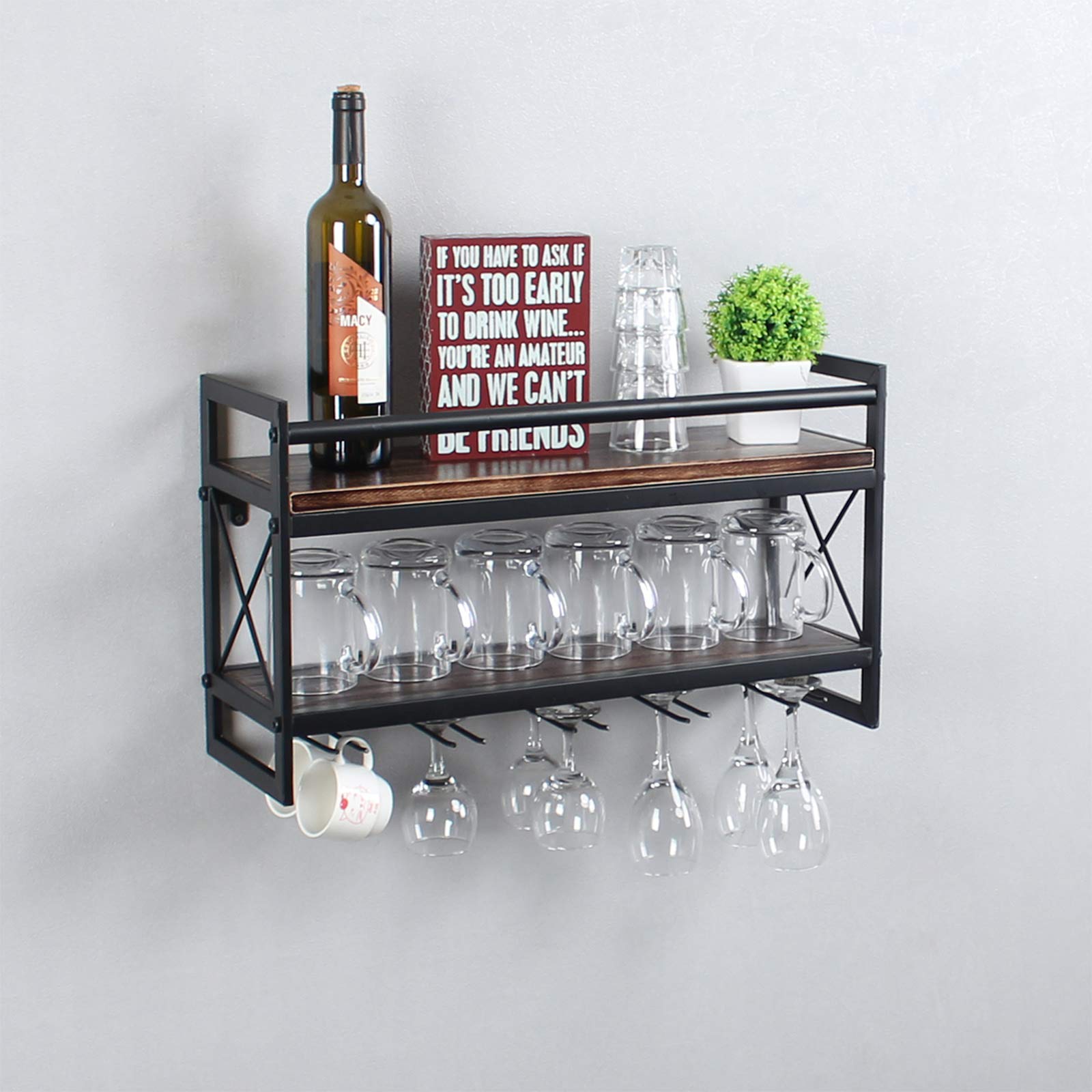 MBQQ Wine Rack Stemware Glass Rack,Industrial 2-Tier Wood Shelf,36" Wall Mounted Wine Racks with 8 Stem Glass Holder for Wine Glasses,Mugs,Home Decor,Black