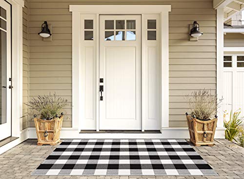 Syntus Buffalo Plaid Rug, 35.4 x 59 inch Doormat Kitchen Rug Black and White Cotton Outdoor Mat for Porch Bathroom Carpet Living Room Throw Area Rug