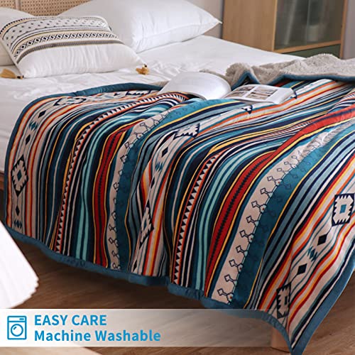 Qucover Flannel Blanket Boho Blue Stripe Reversible Sherpa Throw Blanket Large, Luxury Bohemian Plush Flannel Throws for Sofa Couch Bed, 60x80 Inch