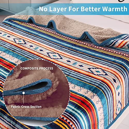 Qucover Flannel Blanket Boho Blue Stripe Reversible Sherpa Throw Blanket Large, Luxury Bohemian Plush Flannel Throws for Sofa Couch Bed, 60x80 Inch