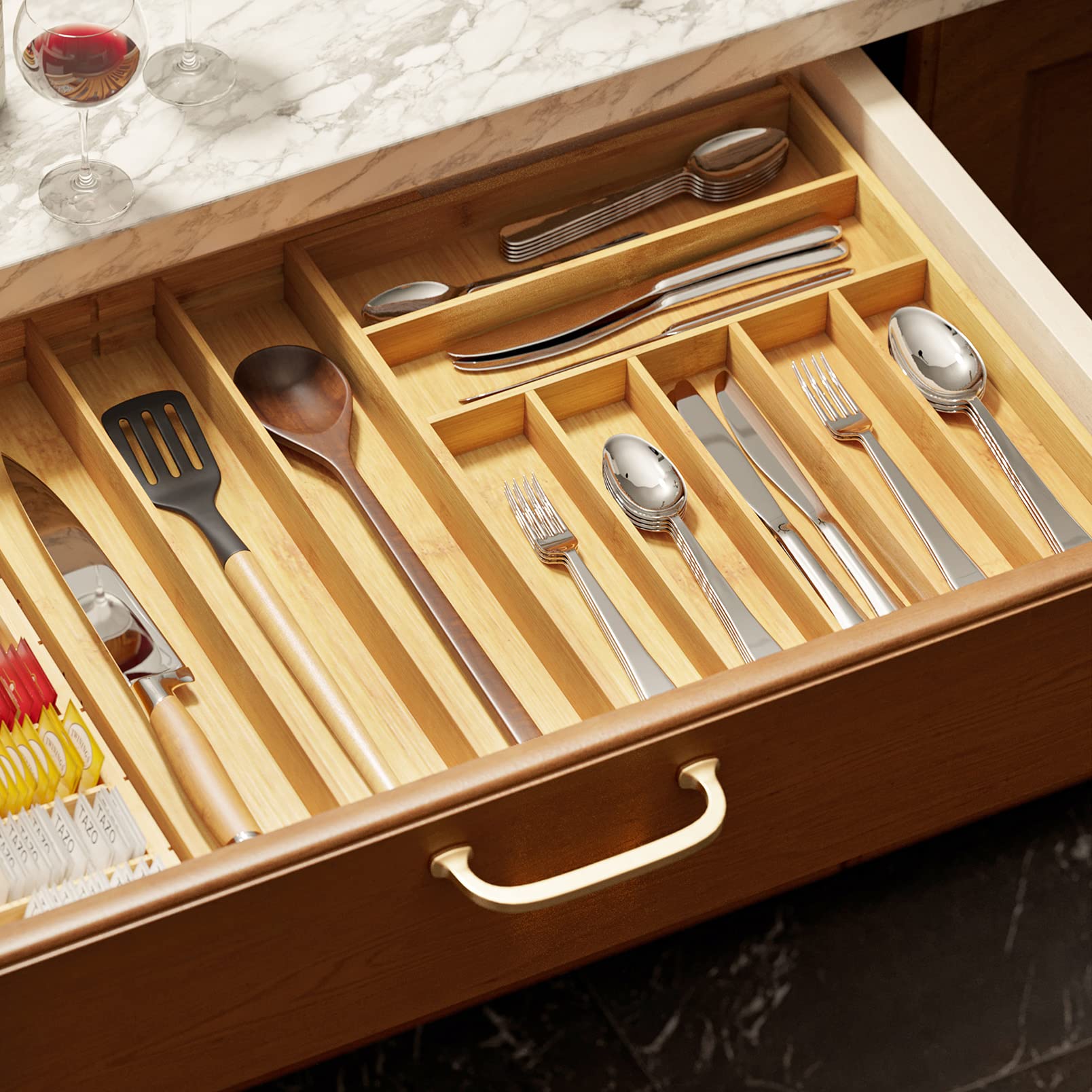 SpaceAid Bamboo Silverware Drawer Organizer with Labels, Kitchen Utensil Expandable Tray Holder Organizer for Flatware, Cutlery, Spoon and Knives Drawer Storage Organization (Natural, 10 Slots)