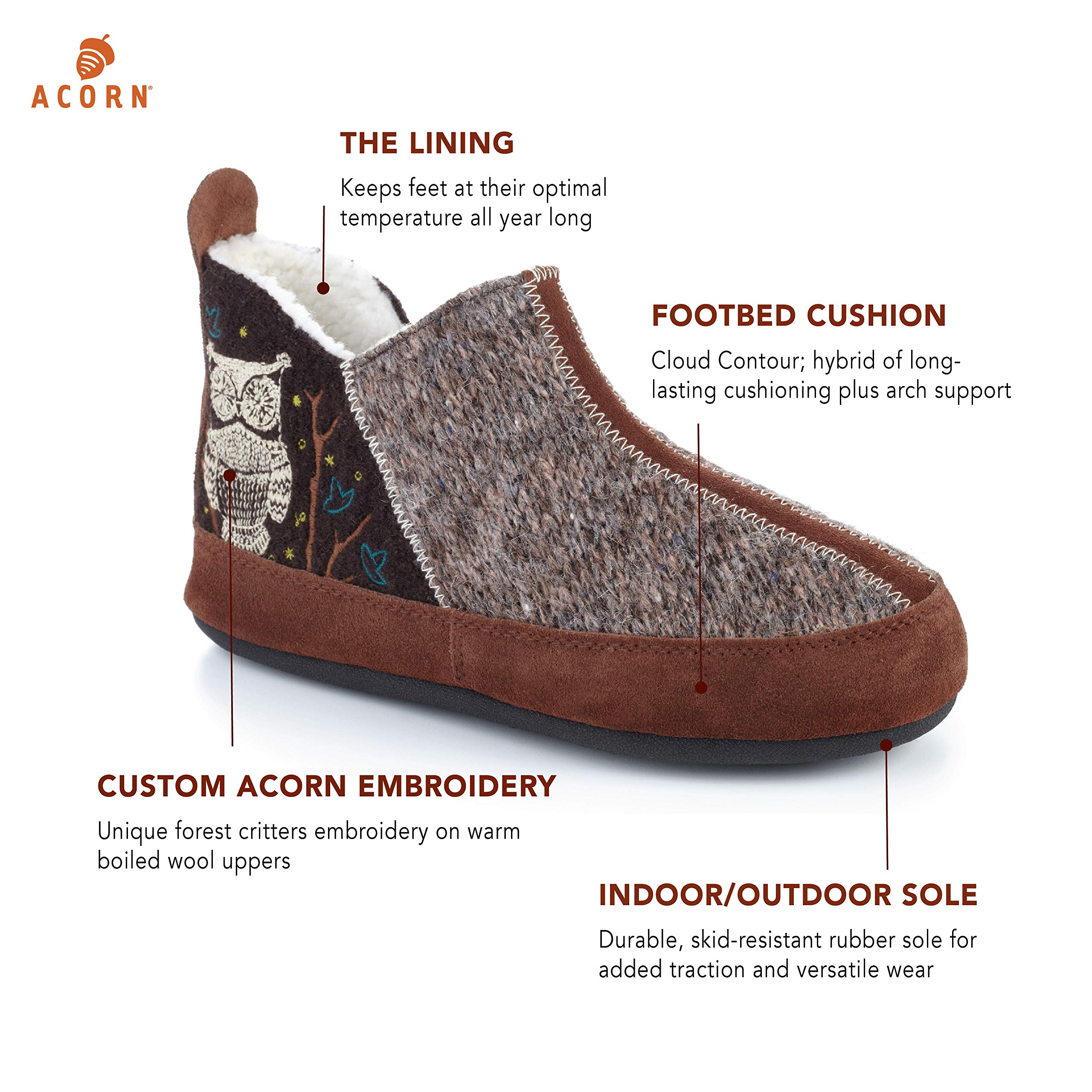 Acorn Women's Forest Bootie, Chocolate Owl, 9.5-10.5