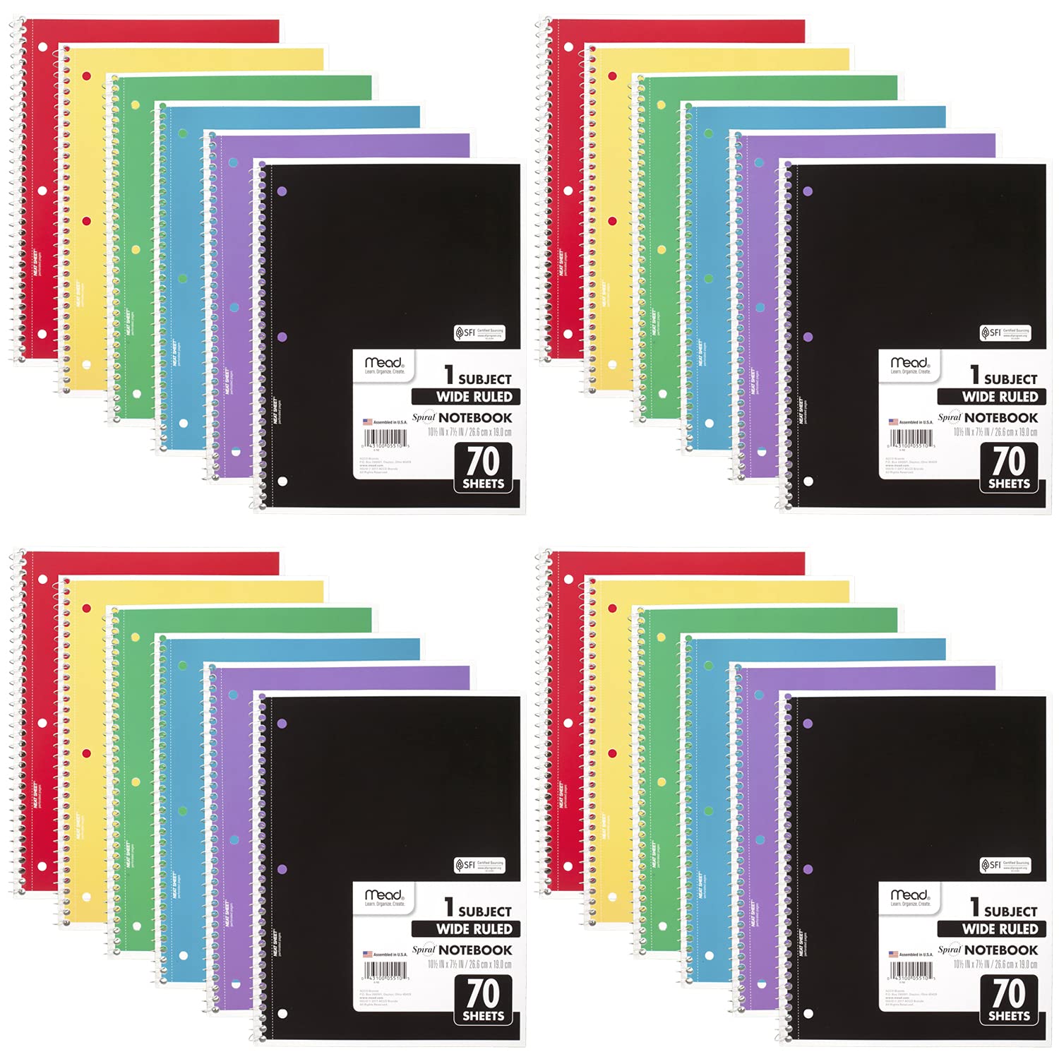 Mead Spiral Notebooks, 24 Pack, 1-Subject, Wide Ruled Paper, 10-1/2" x 8", 70 Sheets per Notebook, Assorted Colors (05510)
