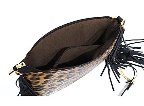 VASTLUCKYWomen Leopard Shoulder Bag Chic Leather Side Tassel Fringed Hobo Envelope Crossbody Purse Clutch Satchel with Wristlet