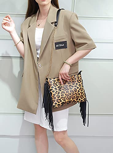 VASTLUCKYWomen Leopard Shoulder Bag Chic Leather Side Tassel Fringed Hobo Envelope Crossbody Purse Clutch Satchel with Wristlet