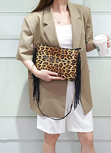 VASTLUCKYWomen Leopard Shoulder Bag Chic Leather Side Tassel Fringed Hobo Envelope Crossbody Purse Clutch Satchel with Wristlet