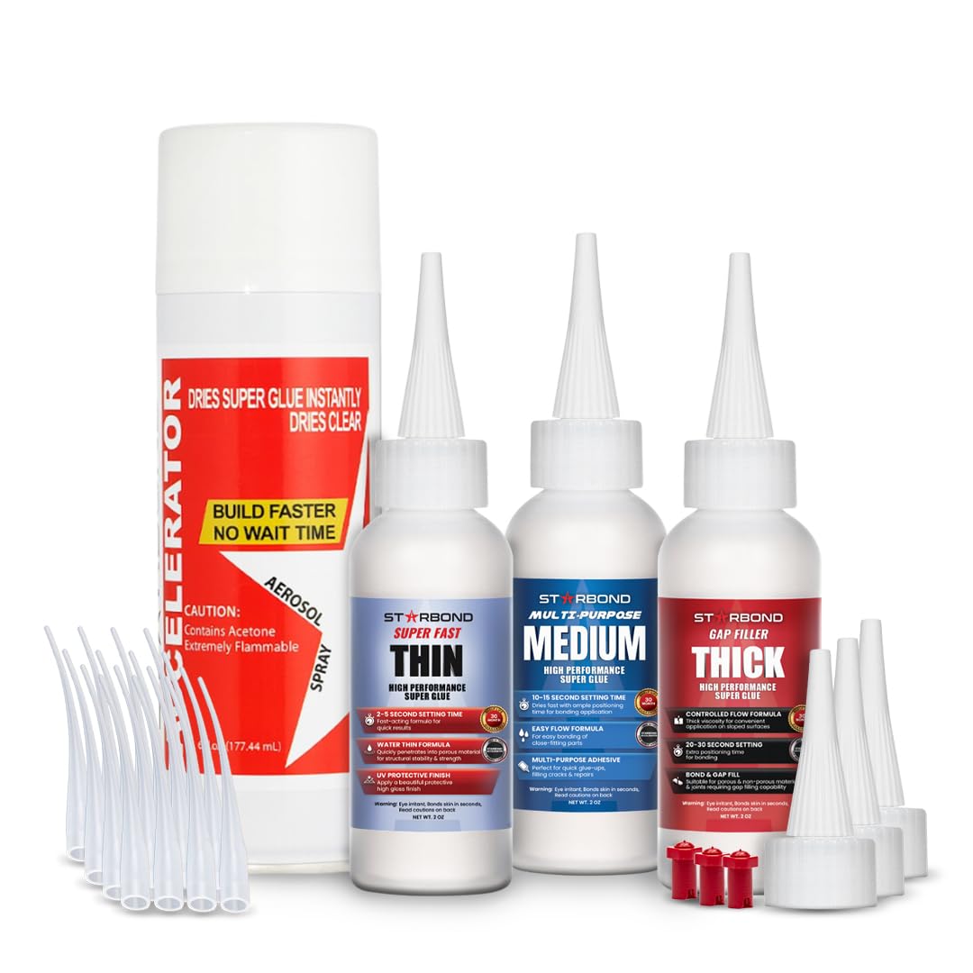 Premium CA Glue with Activator Bundle by STARBOND - (2oz) Thin CA Glue, Medium CA Glue, Thick CA Glue, 6 oz. Aerosol Accelerator - CA Glue for Woodworking, Woodturning, Hobby Models, 3D Printing