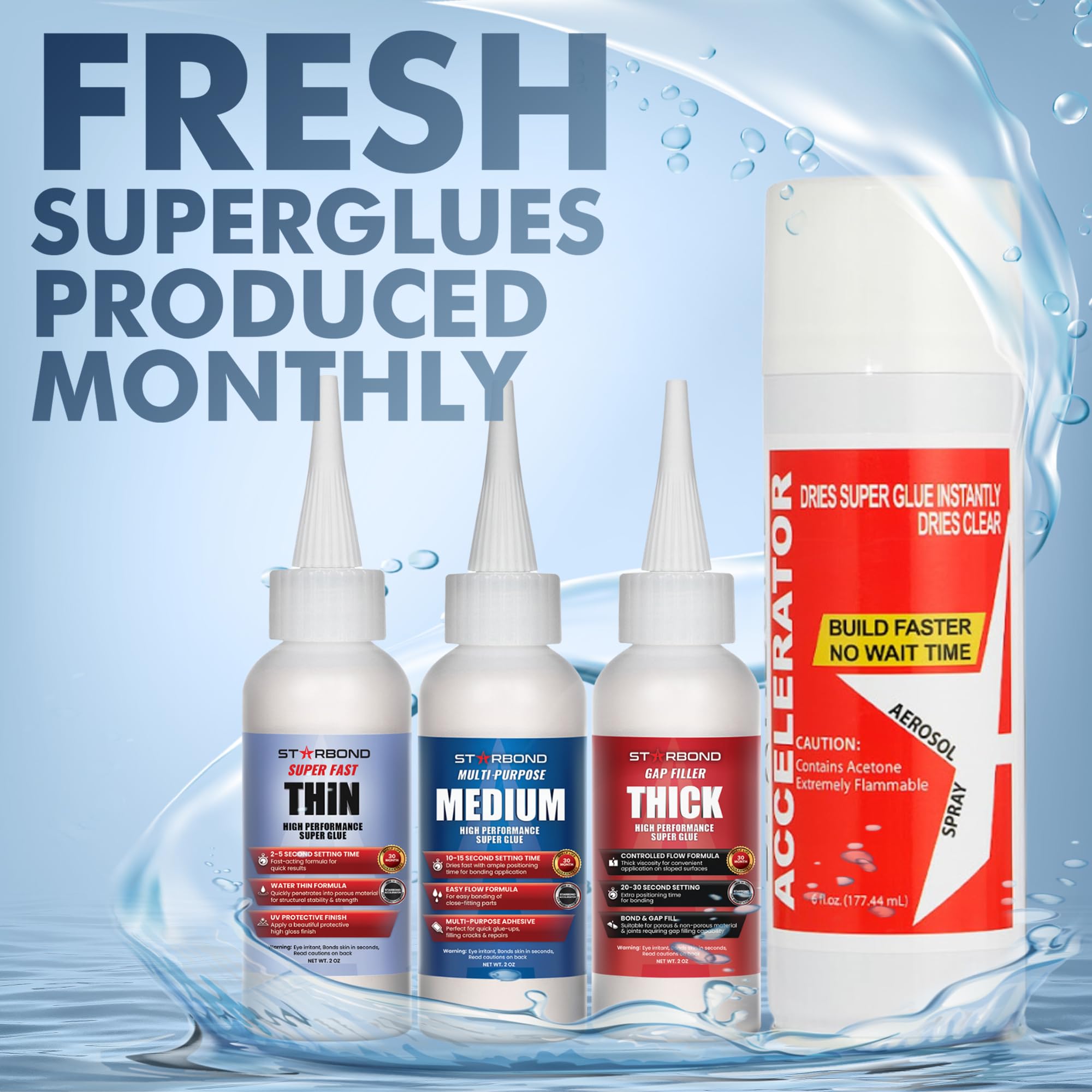 Premium CA Glue with Activator Bundle by STARBOND - (2oz) Thin CA Glue, Medium CA Glue, Thick CA Glue, 6 oz. Aerosol Accelerator - CA Glue for Woodworking, Woodturning, Hobby Models, 3D Printing