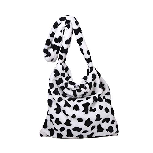 Women Leopard Print Shoulder Bag Fluffy Plush Clutch Faux Fur Handbag Tote Bag (Cow)