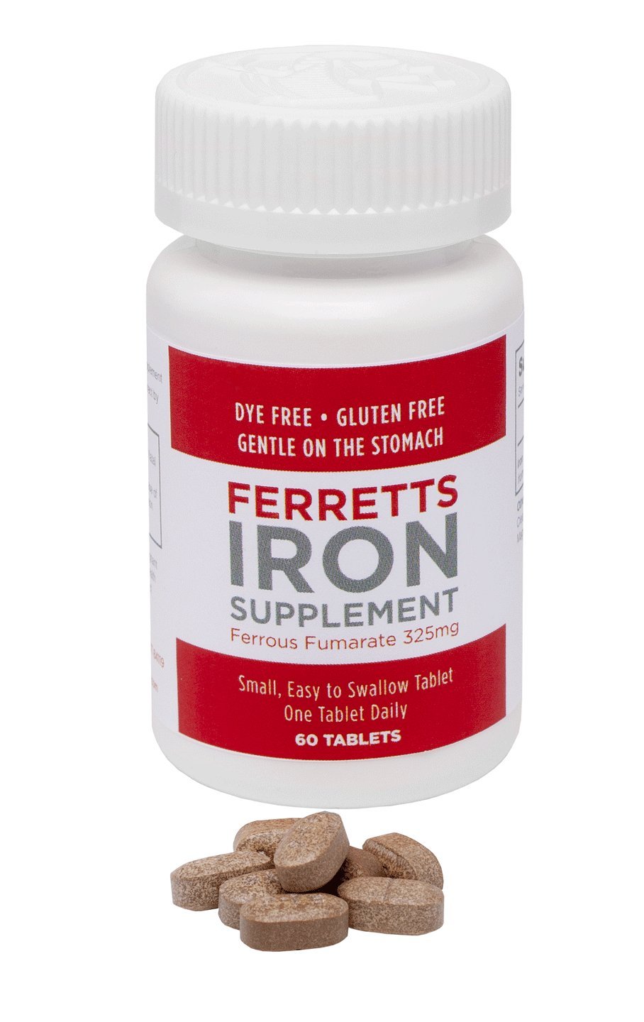 Ferretts Iron Tablets 106mg (325mg Ferrous Fumarate) - 60 Day Supply of High Potency Iron Supplements for Women & Men - Gentle & Non-Constipating Iron Supplements for Anemia - 60 Iron Pills Per Bottle