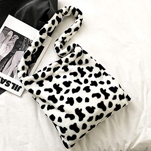Women Leopard Print Shoulder Bag Fluffy Plush Clutch Faux Fur Handbag Tote Bag (Cow)