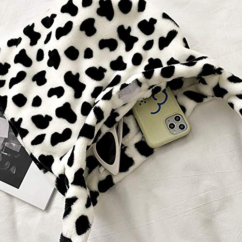 Women Leopard Print Shoulder Bag Fluffy Plush Clutch Faux Fur Handbag Tote Bag (Cow)