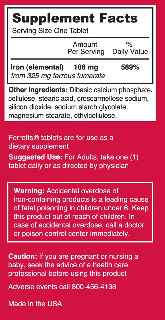 Ferretts Iron Tablets 106mg (325mg Ferrous Fumarate) - 60 Day Supply of High Potency Iron Supplements for Women & Men - Gentle & Non-Constipating Iron Supplements for Anemia - 60 Iron Pills Per Bottle