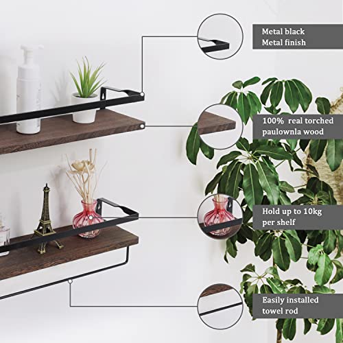 YIHATA Floating Wall Shelves with Towel Shelf, Set of 2 Wood Wall Storage Shelves for Kitchen, Bedroom, Bathroom, Office