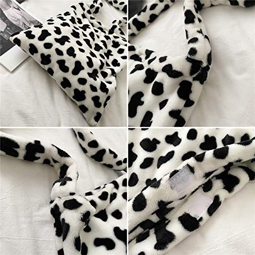 Women Leopard Print Shoulder Bag Fluffy Plush Clutch Faux Fur Handbag Tote Bag (Cow)