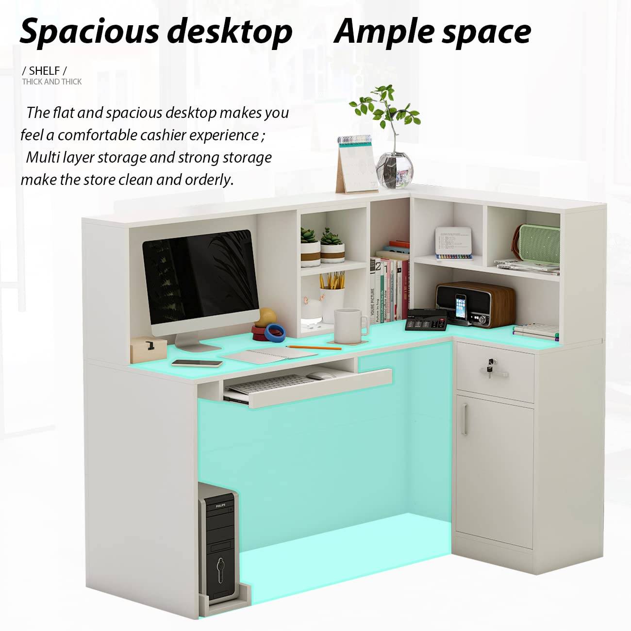 AGOTENI Reception Desk Reception Stations with Open Shelf & Drawers, L Shape Reception Table Wooden Computer Desk for Office Reception Room, White