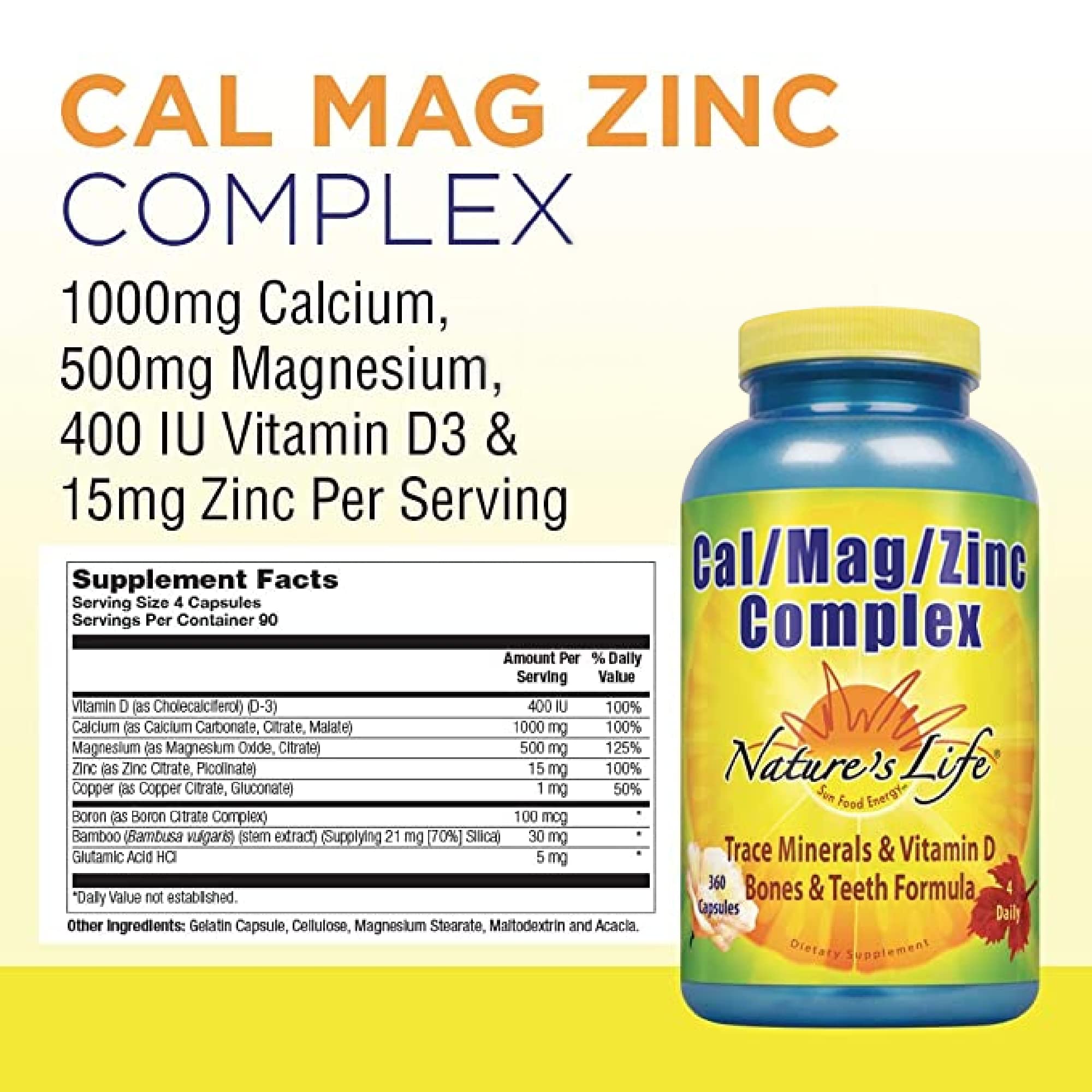Nature's Life Cal Mag Zinc Complex 100% Daily Value of Calcium, Magnesium, Zinc & VIT D3 for Bone & Heart Health Support 360 Vegetarian Capsules