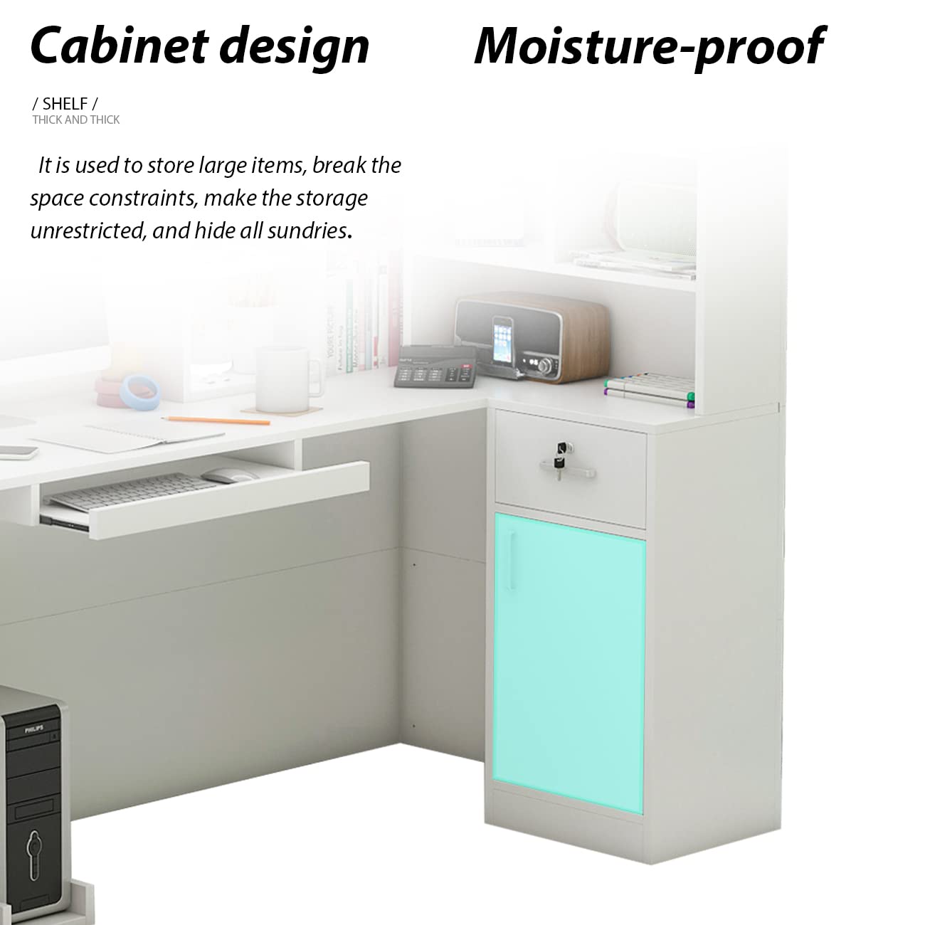 AGOTENI Reception Desk Reception Stations with Open Shelf & Drawers, L Shape Reception Table Wooden Computer Desk for Office Reception Room, White