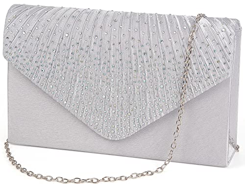 BBjinronjy Clutch Purse Evening Bag for Women Prom Sparkling Handbag With Detachable Chain for Wedding and Party (Silver)
