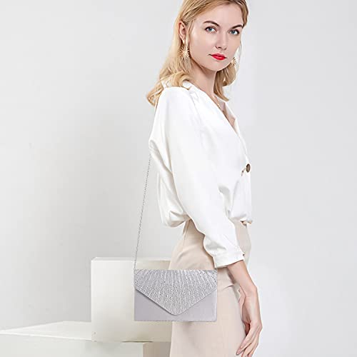 BBjinronjy Clutch Purse Evening Bag for Women Prom Sparkling Handbag With Detachable Chain for Wedding and Party (Silver)