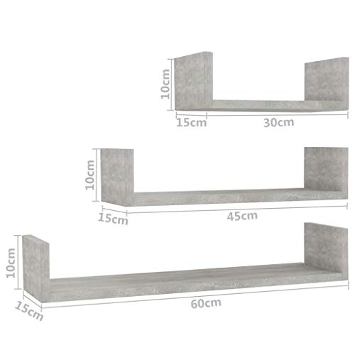 INLIFE 3 Pcs Floating Wall Display Shelves,U-Shaped Wall Mounted Book DVD Collectables Decoration Storage Shelf for Living Room,Bedroom Wall Display Shelves Concrete Gray 23.6"x 5.9"x 3.9"(LxWxH)