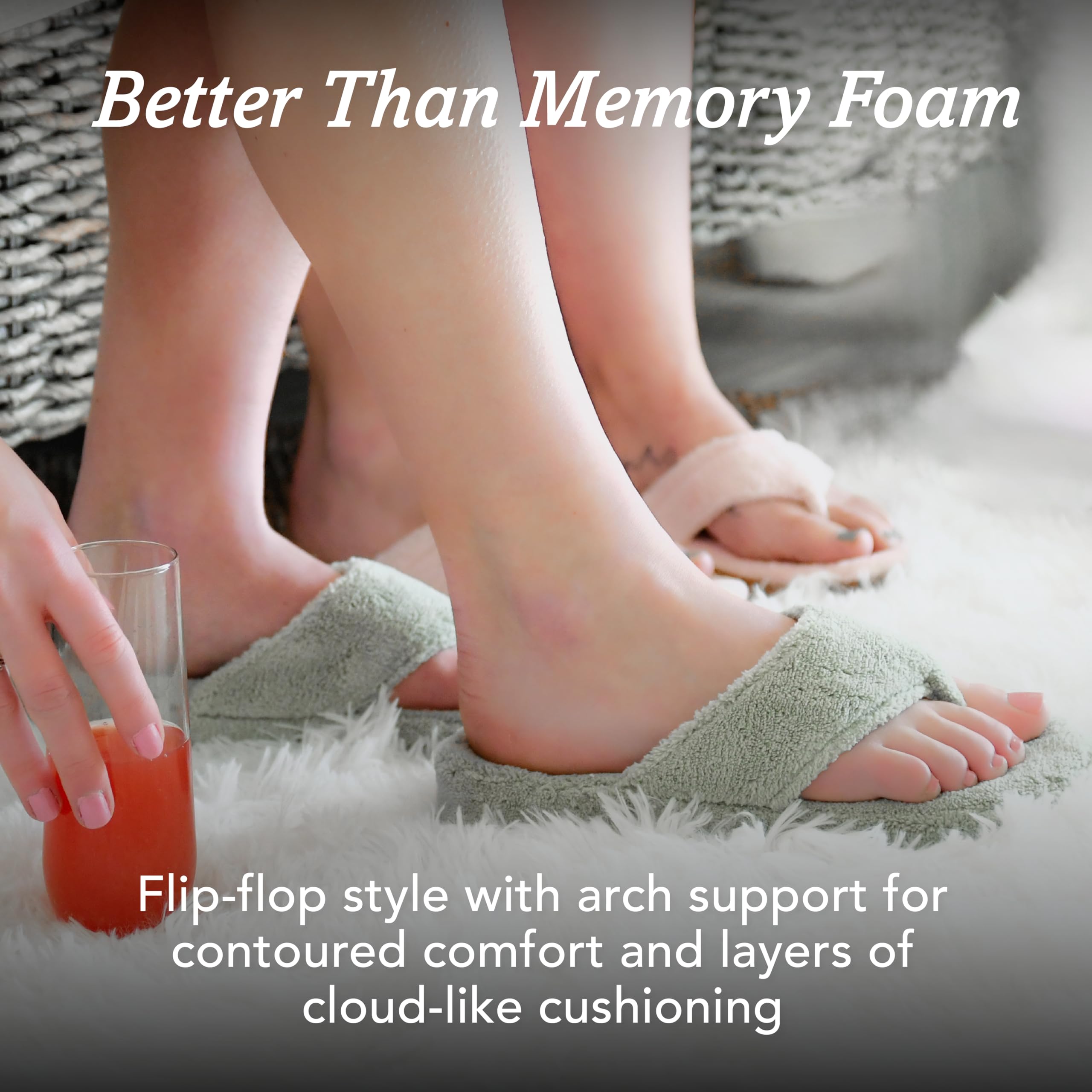 Acorn Women's Spa Thong Slippers with Cloud Contour Comfort - Arch Support and Plush Fluffy Terry Lining, Perfect for Beach, Camping, Poolside, or Bathroom Wear, Black, Wide 6.5 - 7.5