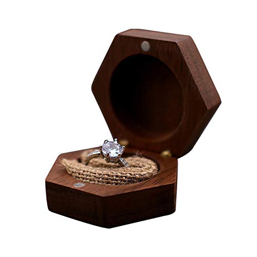 CALIDAKA Wood Ring Box for Wedding Ceremony Rustic Vintage Ring Bearer Box,Hexagon Ring Box Engagement Ring Box for Marriage Jewelry Case Jewelry Gift Box Black Walnut Wooden