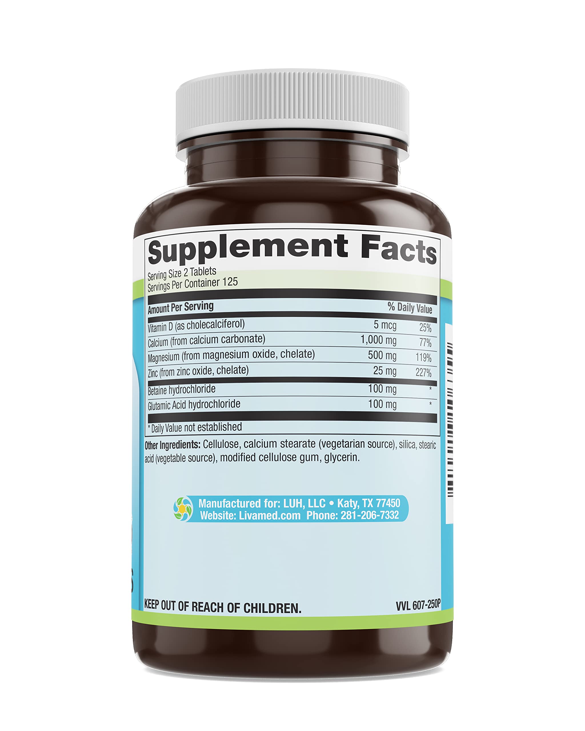 Livamed - Chelated Cal-Mag Plus Betaine HCl Veg Tabs 250 Count