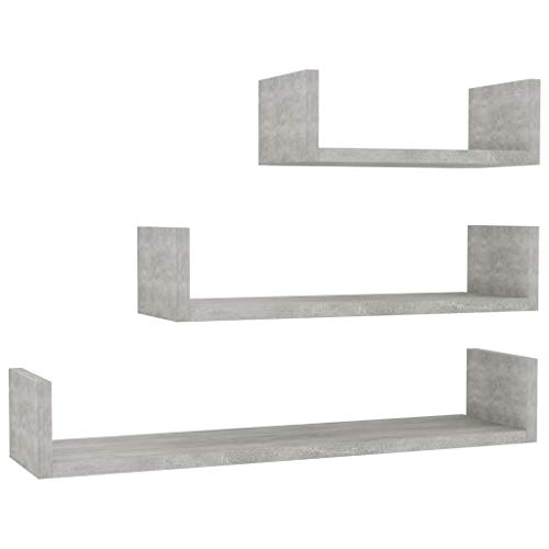 INLIFE 3 Pcs Floating Wall Display Shelves,U-Shaped Wall Mounted Book DVD Collectables Decoration Storage Shelf for Living Room,Bedroom Wall Display Shelves Concrete Gray 23.6"x 5.9"x 3.9"(LxWxH)