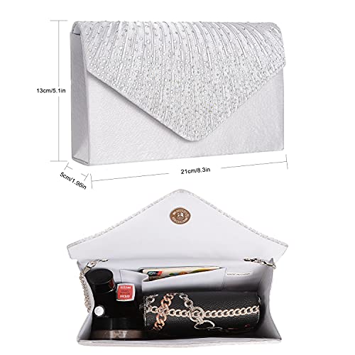BBjinronjy Clutch Purse Evening Bag for Women Prom Sparkling Handbag With Detachable Chain for Wedding and Party (Silver)