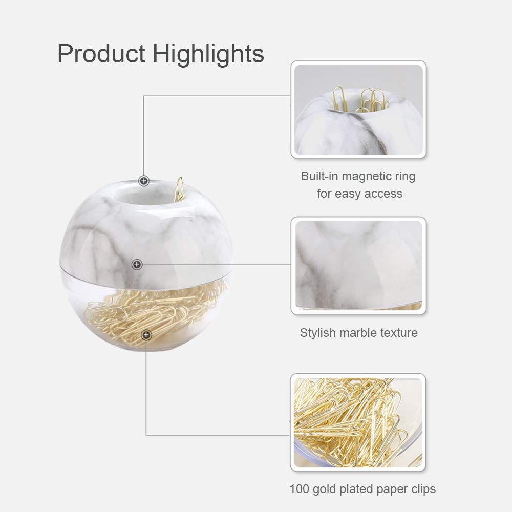 MultiBey Gold Paper Clips in Elegant Magnetic Marble White Clip Holder, 28mm, 100 Clips per Box