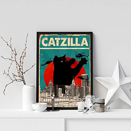 Pozino Tin Signs Vintage Funny Catzilla Black Cat Tin Sign Cat Lover Gift Vintage Funny Cat Tin Sign Crazy Cat Lady Christmas Home Decor Modern Wall Art