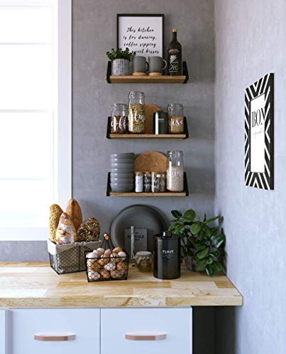 Wallniture Ponza Floating Shelves for Wall, Laundry Room and Bathroom Storage Shelf Unit Set of 3, Natural Burned Rustic Wood Wall Decor with Metal Floating Shelf Bracket
