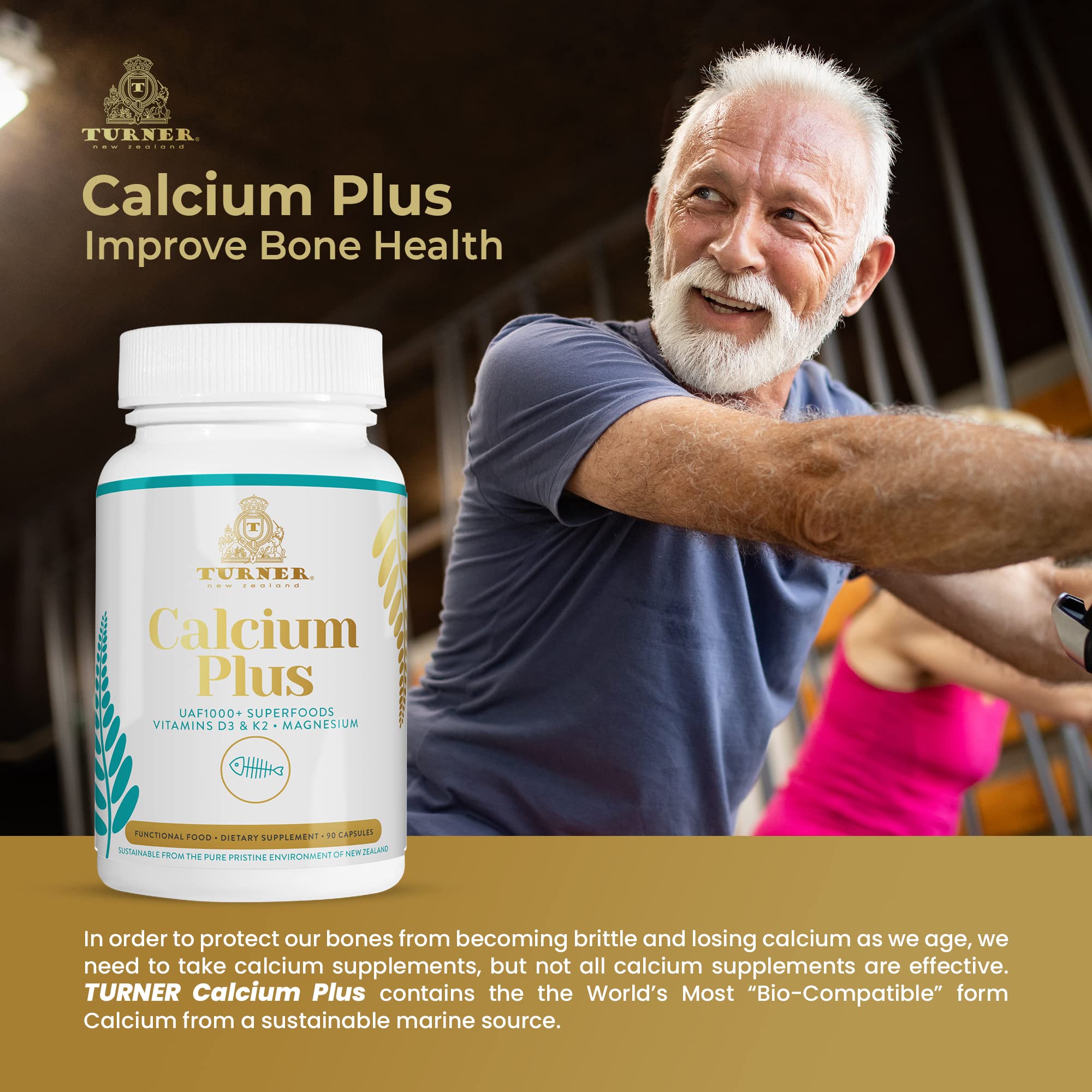 TURNER Calcium Plus, All-Natural Marine Calcium Supplement, with UAF1000+ Super Antioxidant, Magnesium + Vitamins K2 & D3, Supports Bone Density & Joint Health, 3 Bottles, 270 caps, 3 Month Supply