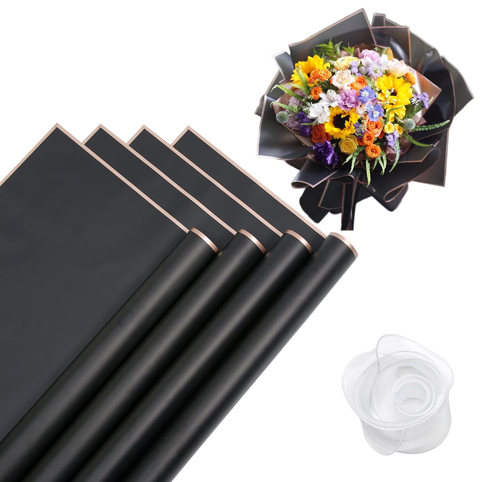 Flower Wrapping Paper Floral Wrap Sheets Florist Bouquet Supplies Waterproof wrapping paper includes ribbon (20 sheets) (black+Golden line)