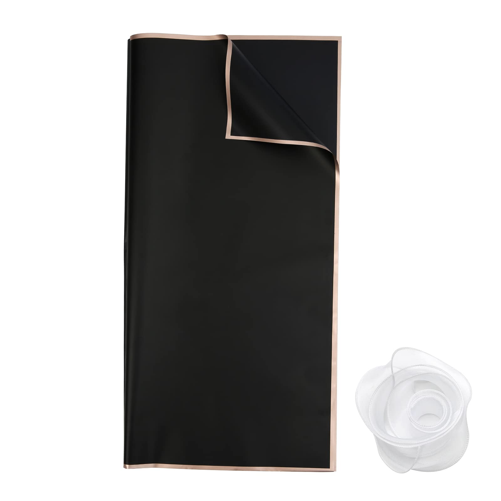 Flower Wrapping Paper Floral Wrap Sheets Florist Bouquet Supplies Waterproof wrapping paper includes ribbon (20 sheets) (black+Golden line)