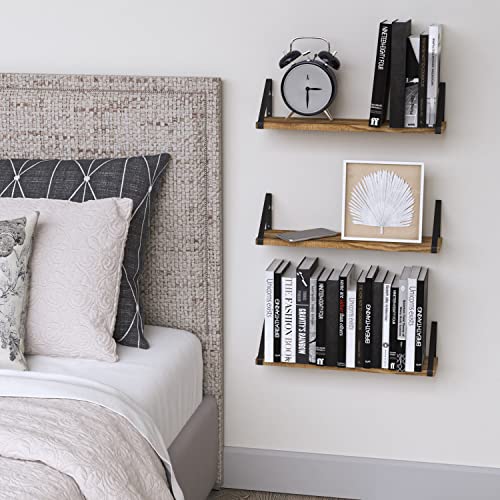 Wallniture Ponza Floating Shelves for Wall, Laundry Room and Bathroom Storage Shelf Unit Set of 3, Natural Burned Rustic Wood Wall Decor with Metal Floating Shelf Bracket
